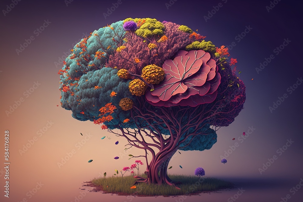 Human brain tree with flowers, self care and mental health concept ...