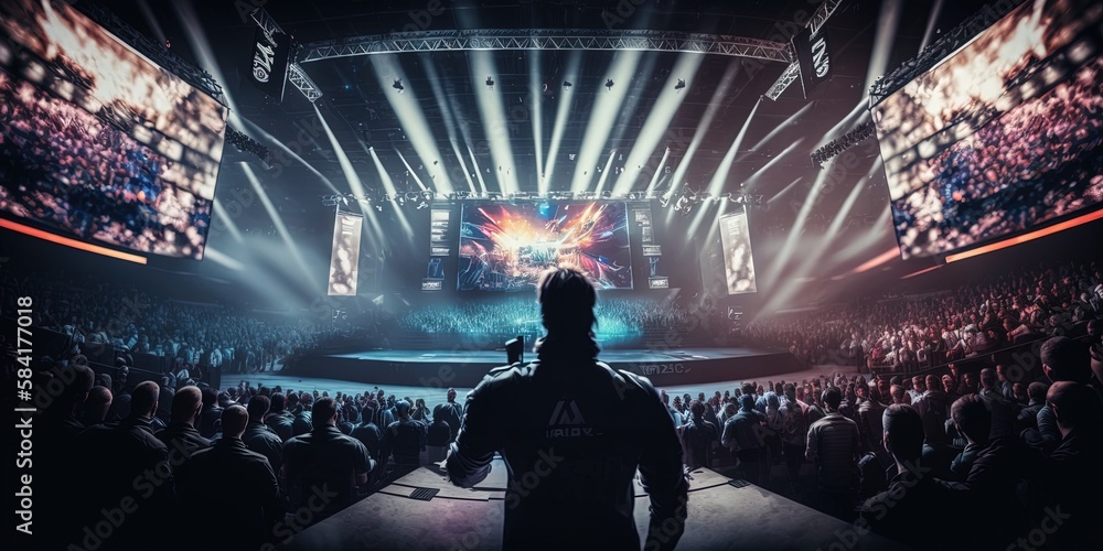 E-sports arena, filled with cheering fans and colorful LED lights ...