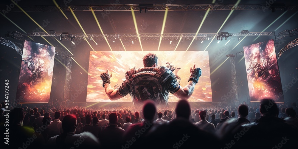 E-sports arena, filled with cheering fans and colorful LED lights ...