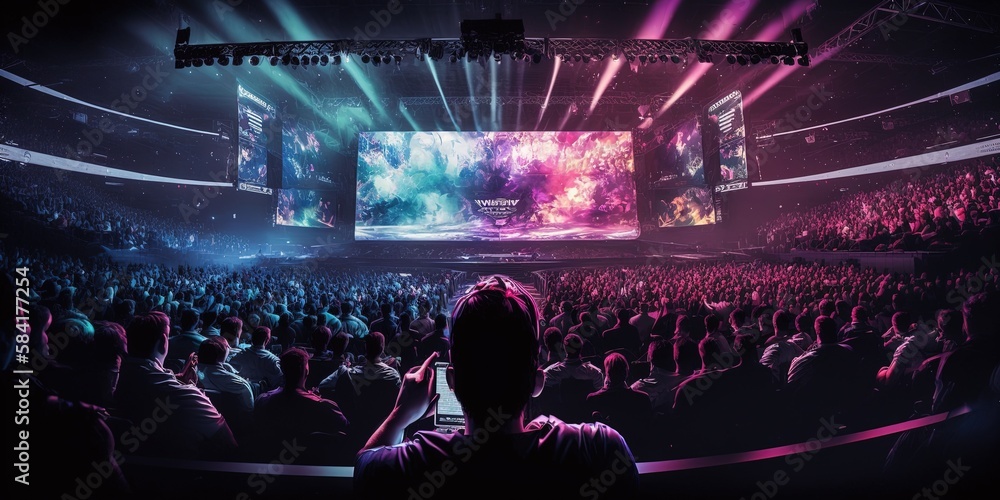 E-sports arena, filled with cheering fans and colorful LED lights ...