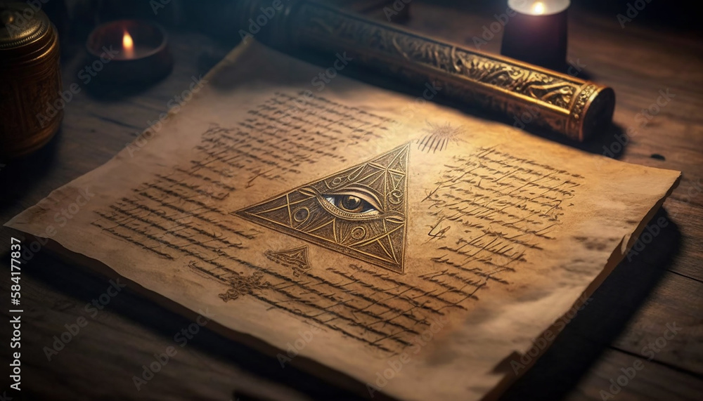 Mysterious ancient illuminati occult manuscript on wooden table created ...