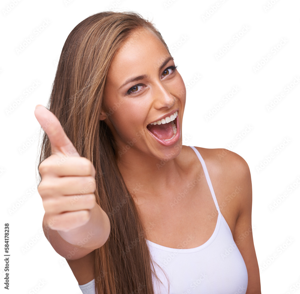 Thumbs up, thank you and portrait of a woman with motivation on an ...