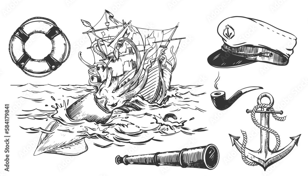 Squid Attacking Ship Drawing