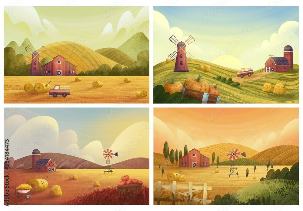 Harvest Landscape Illustrations Set Stock Template | Adobe Stock