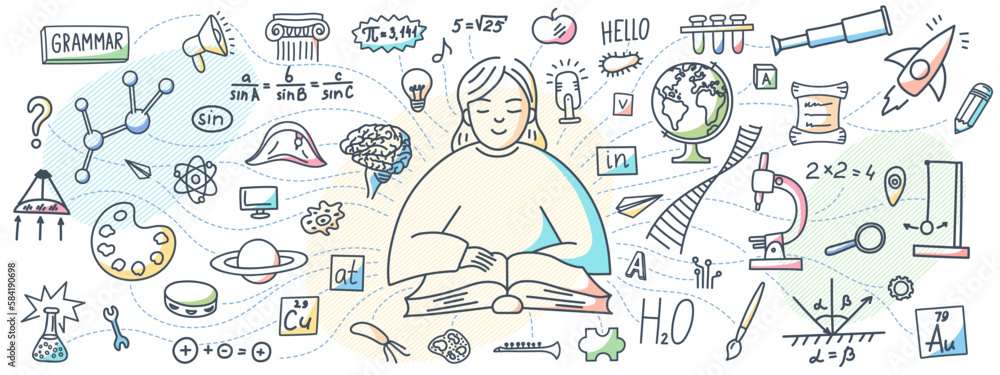 Girl reading book. Student studying with textbook. Education concept ...