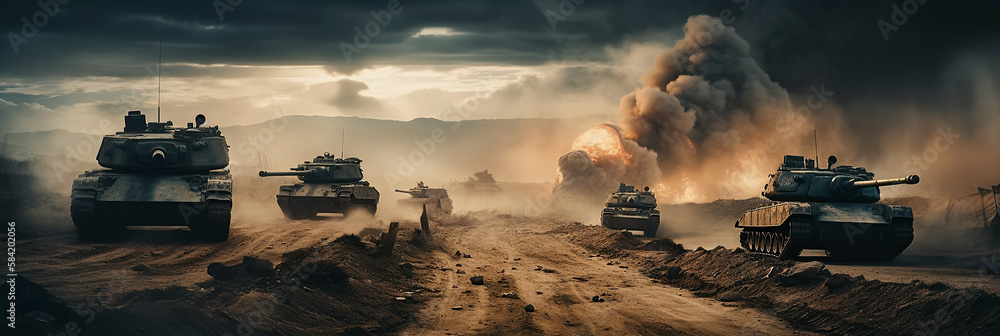 battle modern tanks in war on battlefield with explosions and smoke ...