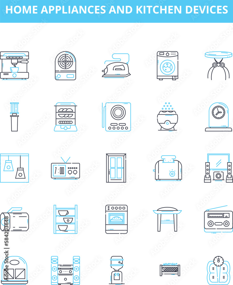 Home appliances and kitchen devices vector line icons set. Stove ...