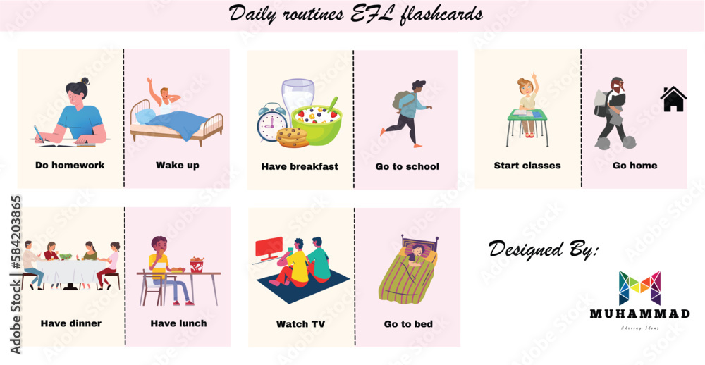 Vektorová grafika „Daily routines EFL flashcards, Kids learning Content ...