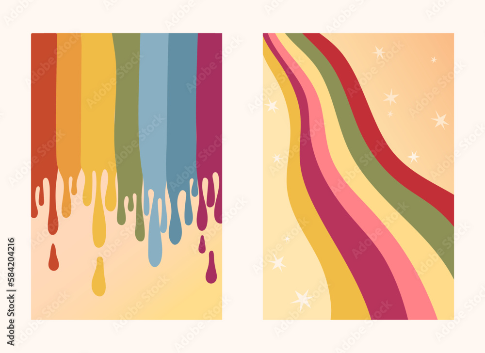 Groovy retro backgrounds pack with rainbow and dripping multicolored ...
