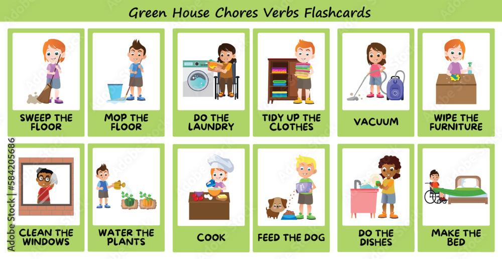 Green House Chores Verbs Flashcards, Kids learning Content, Kids ...