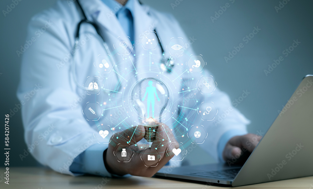 Medicine doctor touching digital interface. DNA.medical technology and ...