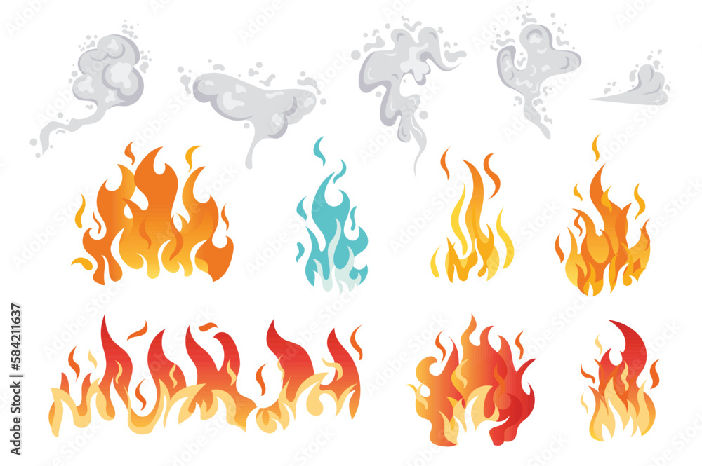 Fire set concept in the flat cartoon design on the white background ...