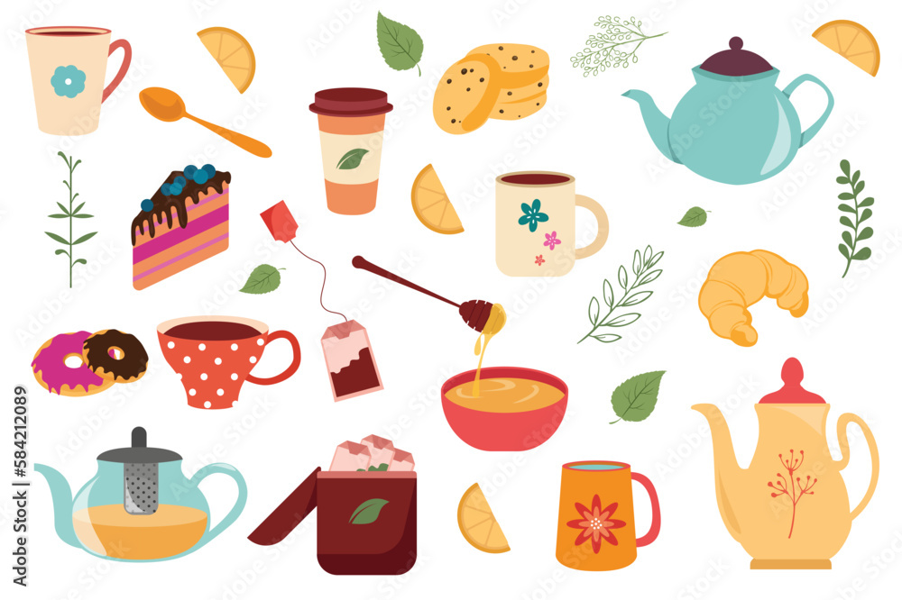 Tea time set concept in the flat cartoon design. Images of various ...