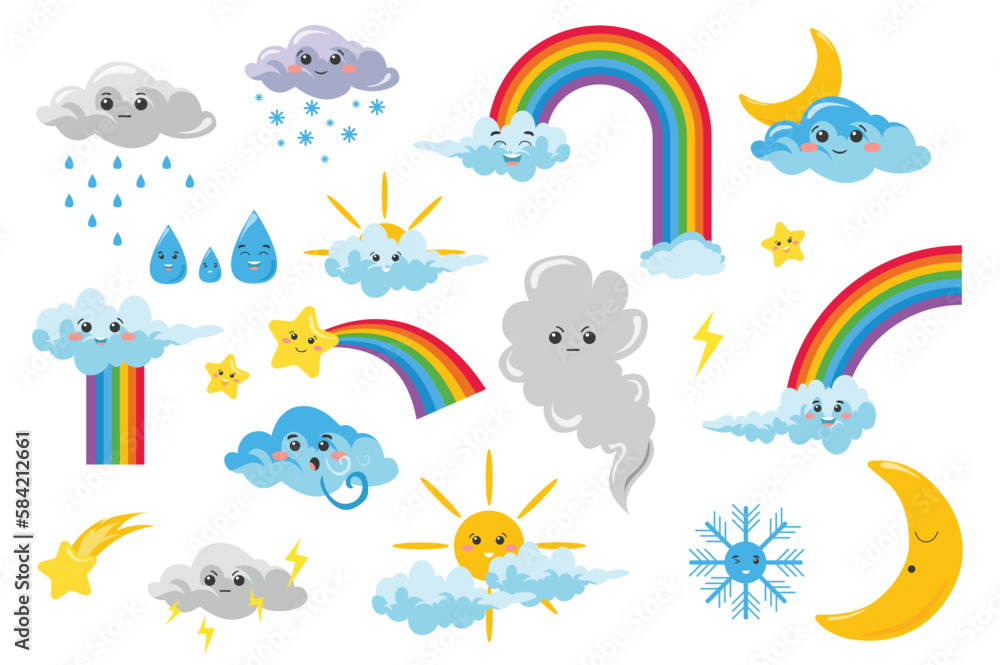 Cute cartoon weather illustration set concept in the flat cartoon ...
