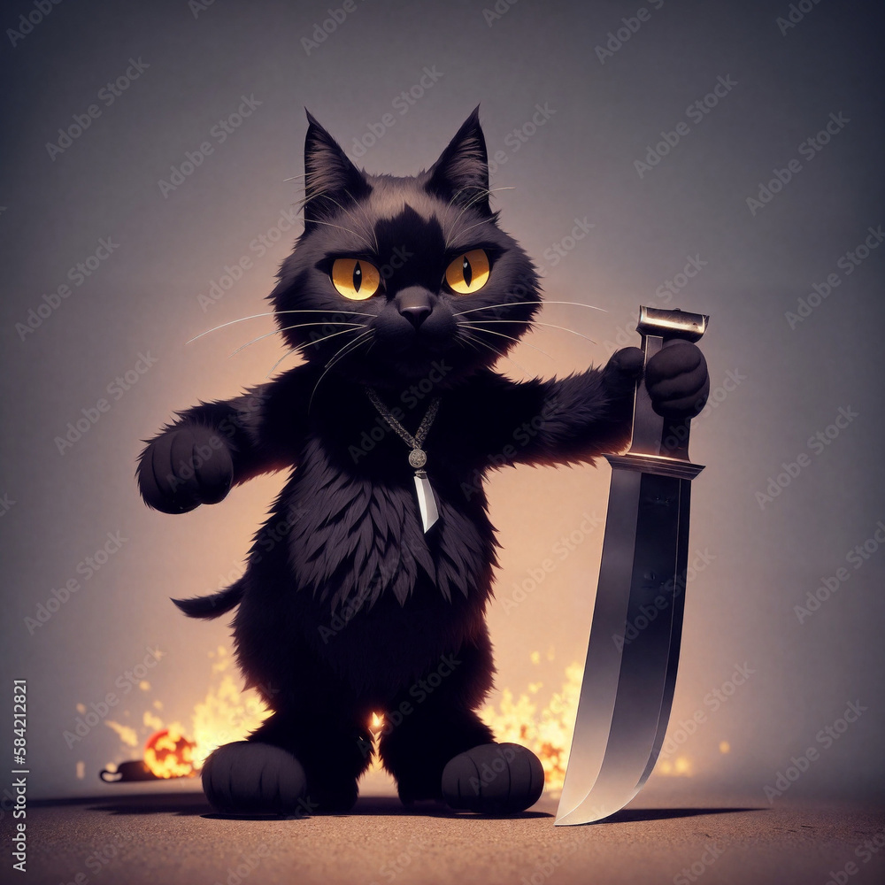 black cat with a big knife created with Generative AI technology Stock ...