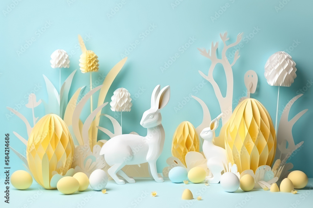 Paper art Easter bunny and eggs on a blue and yellow pastel background ...