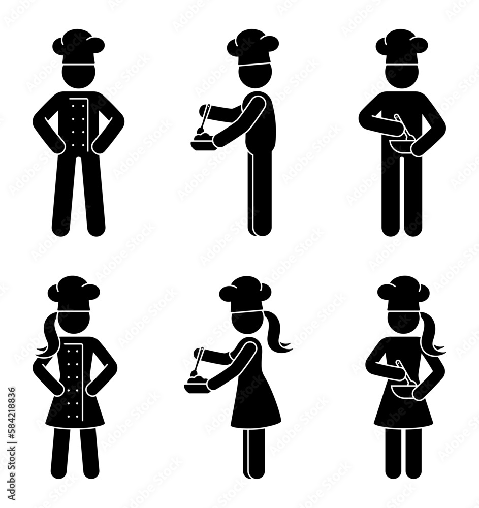 Stick figure man woman chef cook vector illustration set. Stickman ...