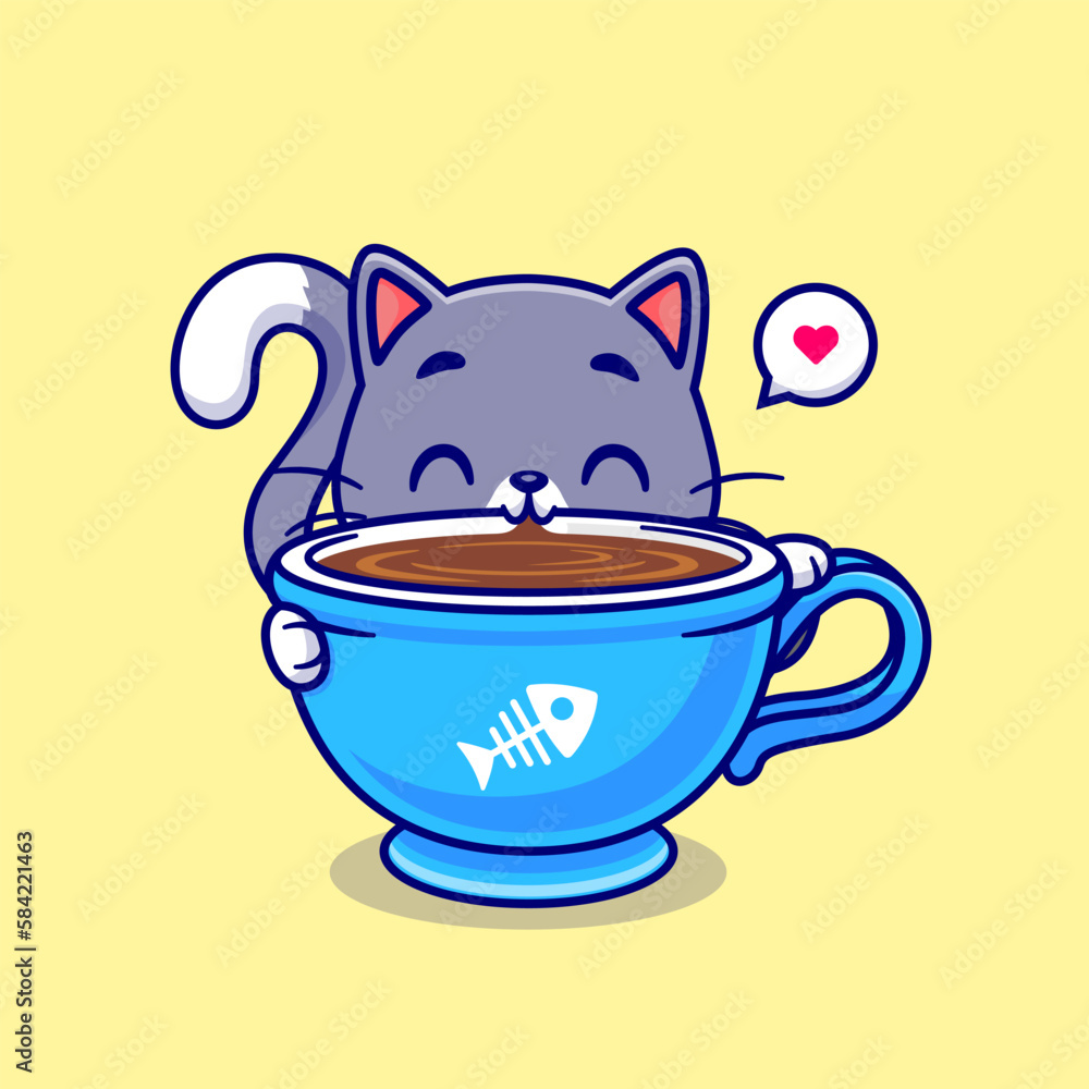 Cute Cat Drink Coffee Cartoon Vector Icon Illustration. Animal Food ...