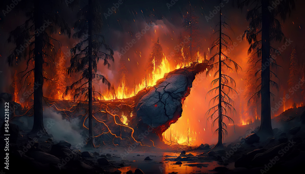 ภาพประกอบสต็อก Forest on fire by magma from volcano eruption. Smoke ...