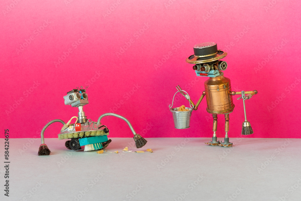 Robotic houseworkers are trying to clean up the room. Cleaning service ...