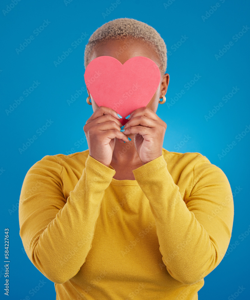 Paper, heart and hide with black woman in studio for love, date and ...