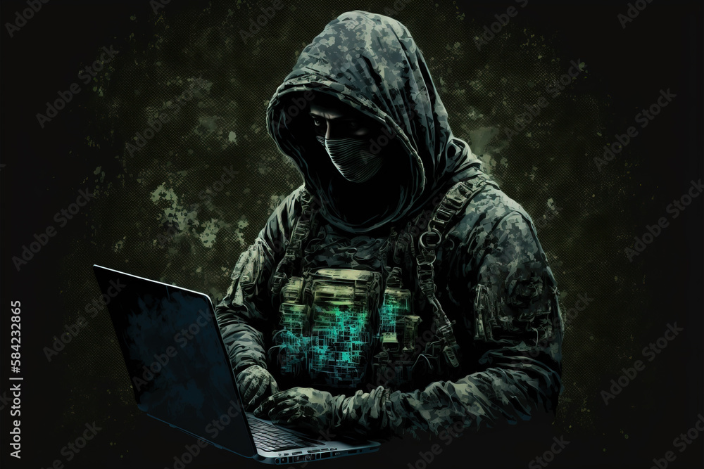 Male hacker in military uniform, face mask and hood using laptop for ...