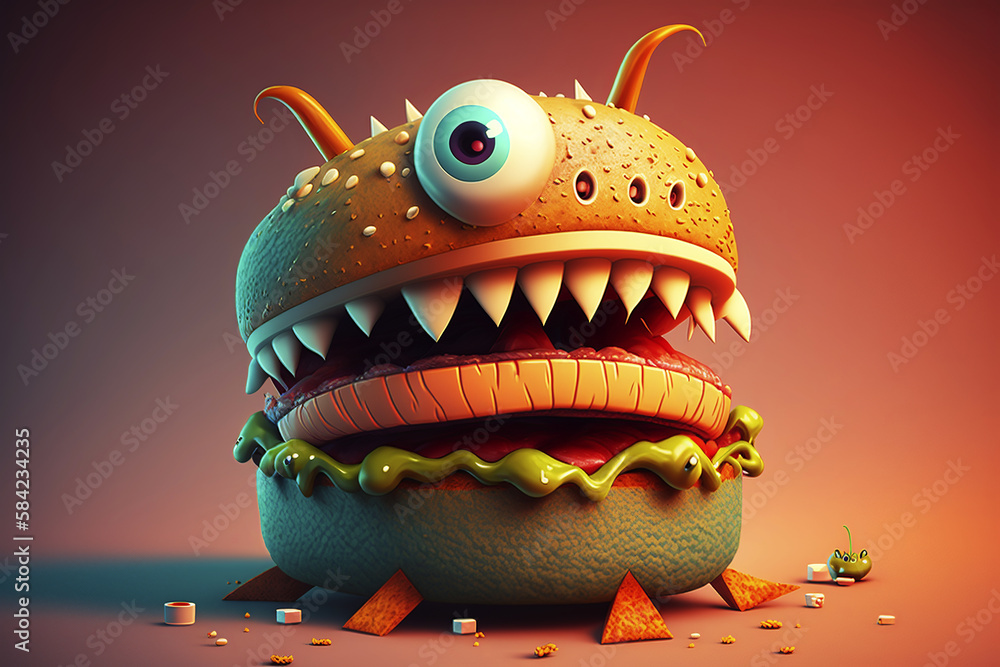 Monster hamburger with open mouth. Illustration representing poor diet ...