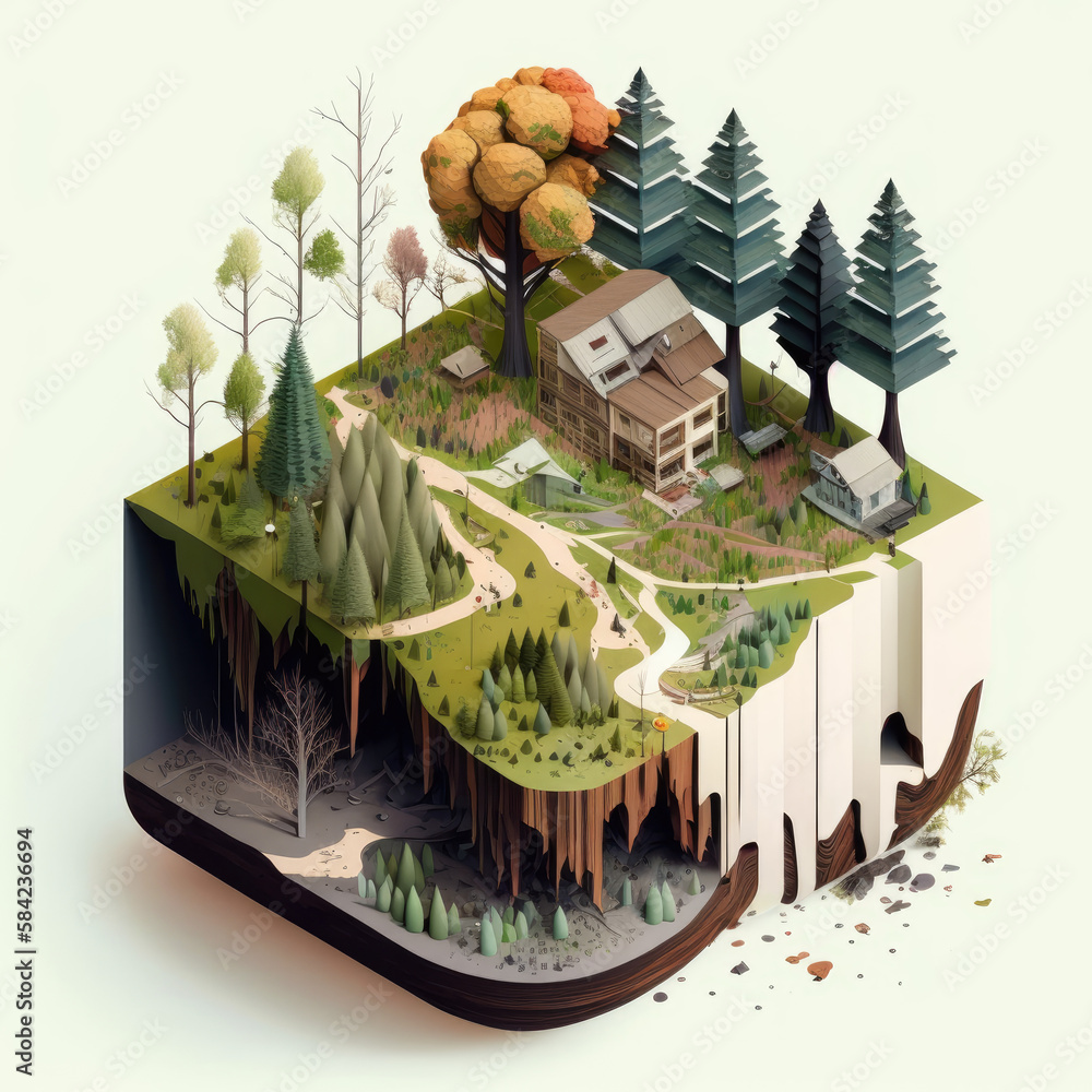 Axonometric Forest, Deforestation, illustration for Earth Day ...