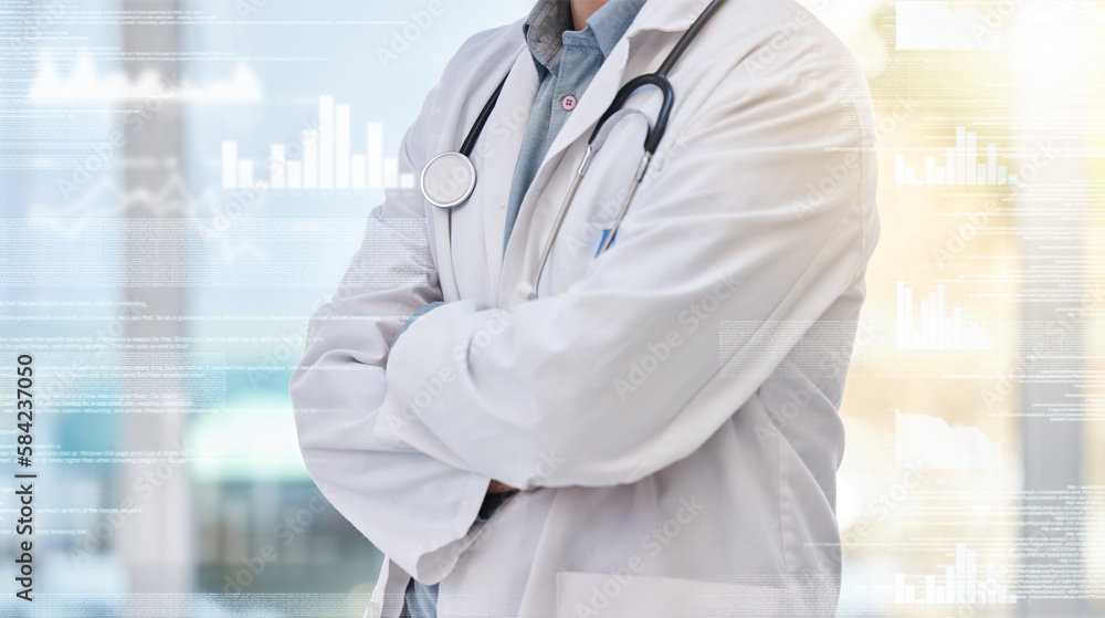 Doctor, healthcare and hologram with arms crossed, man and overlay ...