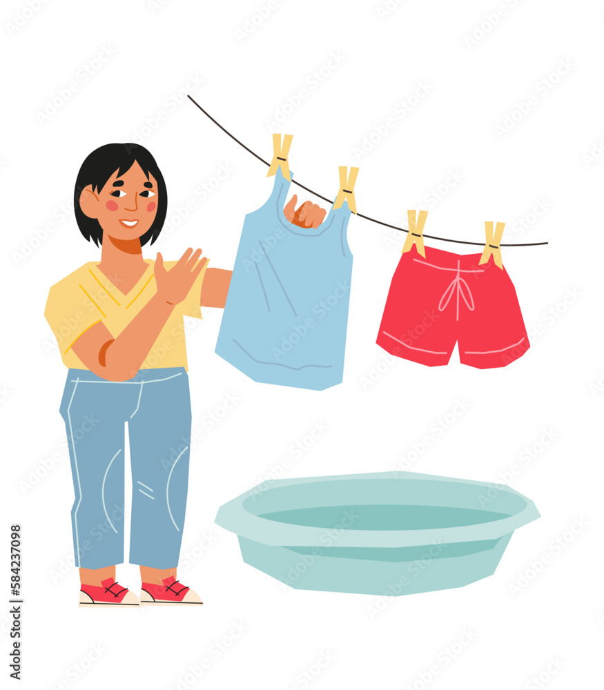 Child girl helps with housework and laundry, flat cartoon vector ...