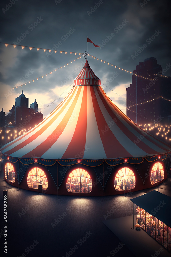 Circus Day, a festive red and white circus tent on the day of the festival against the backdrop ...