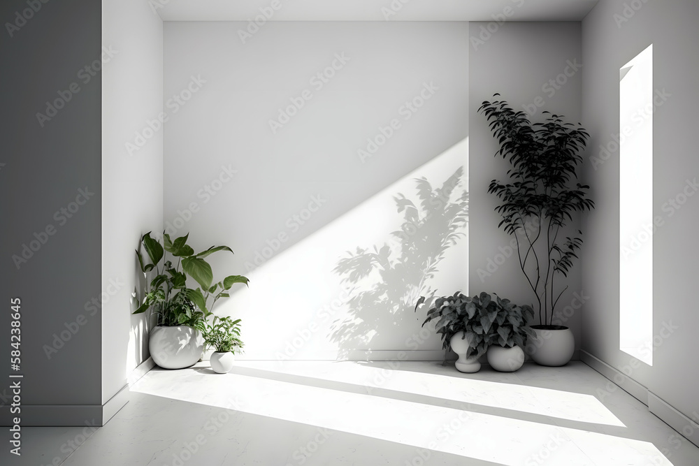 White wall empty room with plants backdrop, Minimal room corner ...