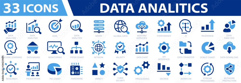Data analysis 33 icon set. Data analysis technology symbol. Statistics ...