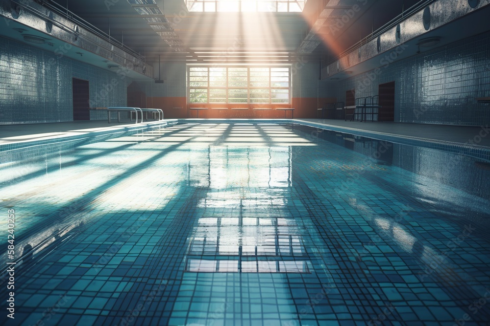 An empty Olympic-size swimming pool, viewed from the deep end. The ...