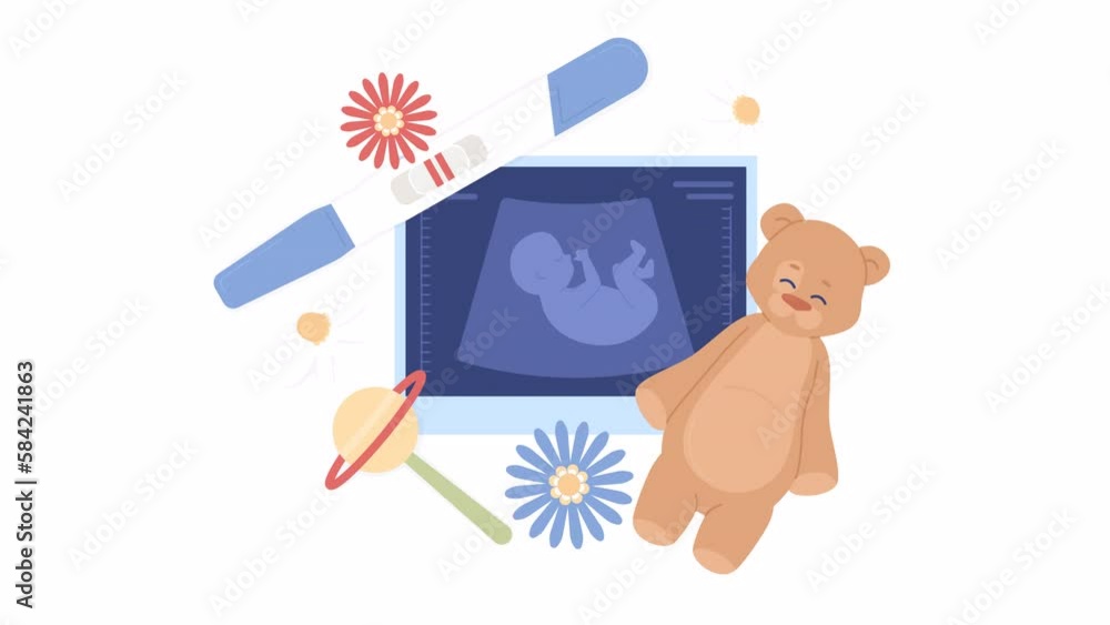 Animated celebrate pregnancy journey. Baby sonogram with gifts, test ...