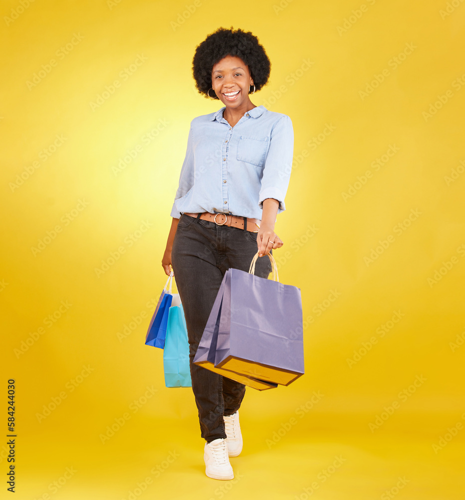 Black woman with shopping bag, portrait with fashion and retail, smile ...