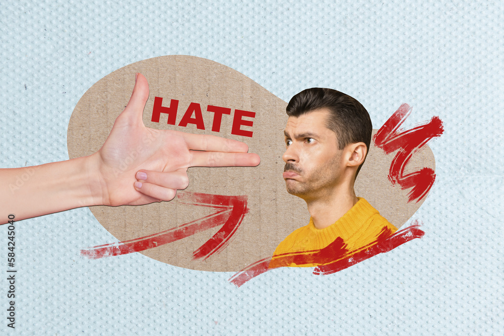 Minimal collage template photo of young stressed funny depressed guy ...