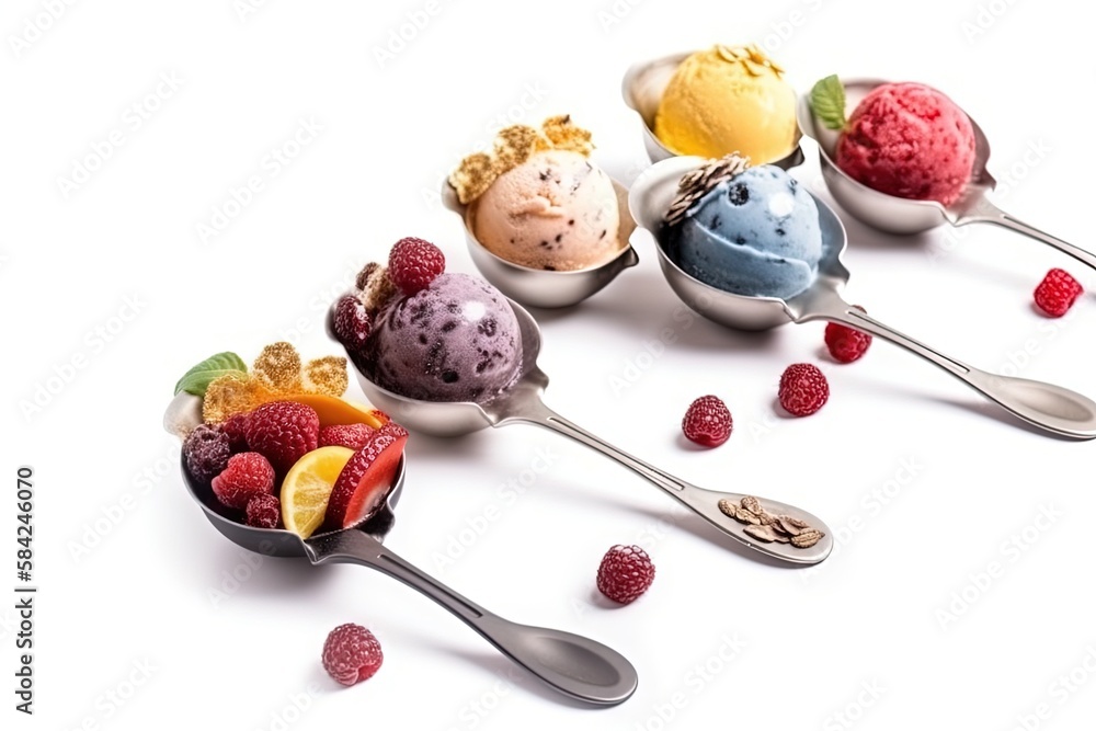 Set of ice cream scoops of different colors and flavours with berries ...