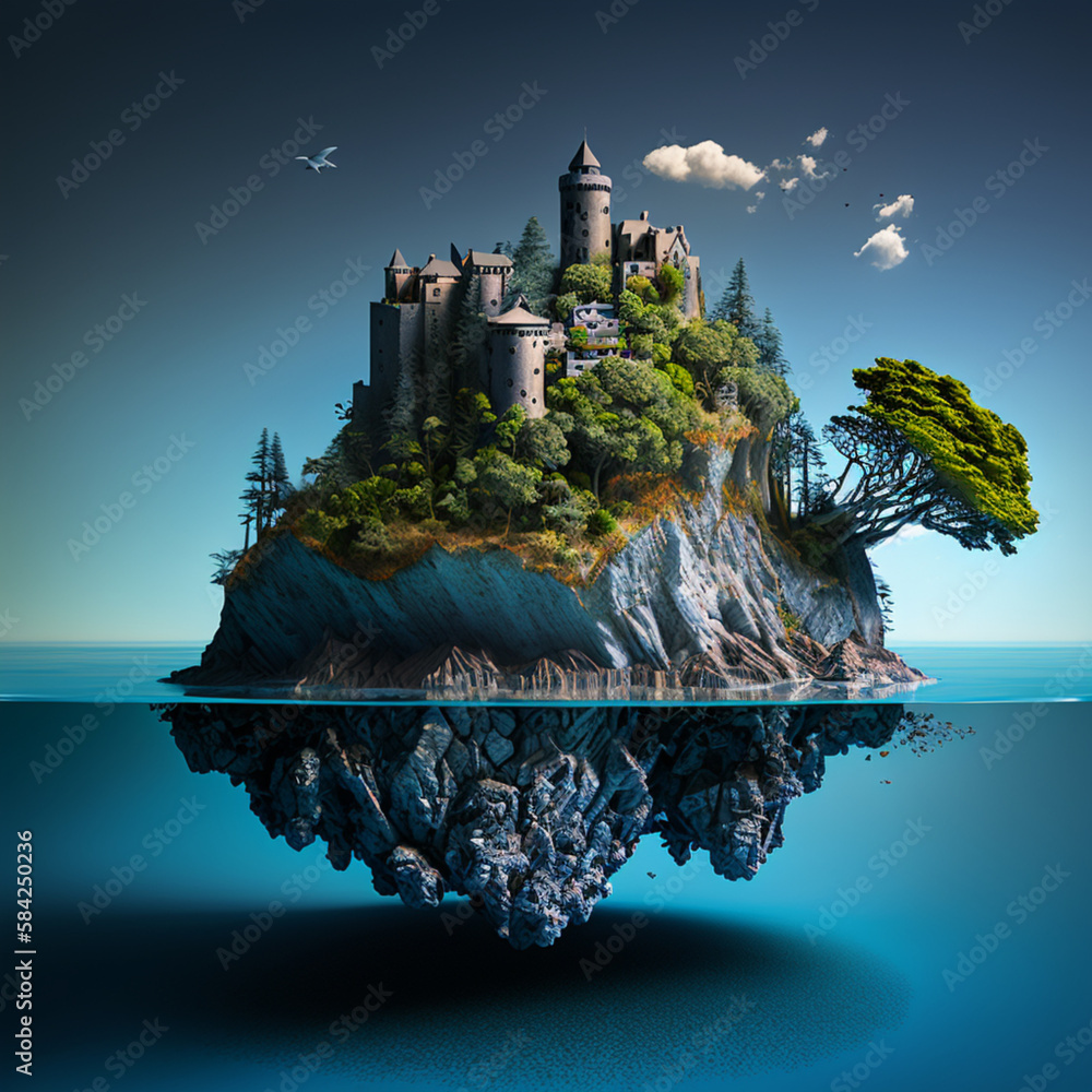castle on lake, floating castle, castle artwork, artwork, trees, nature ...