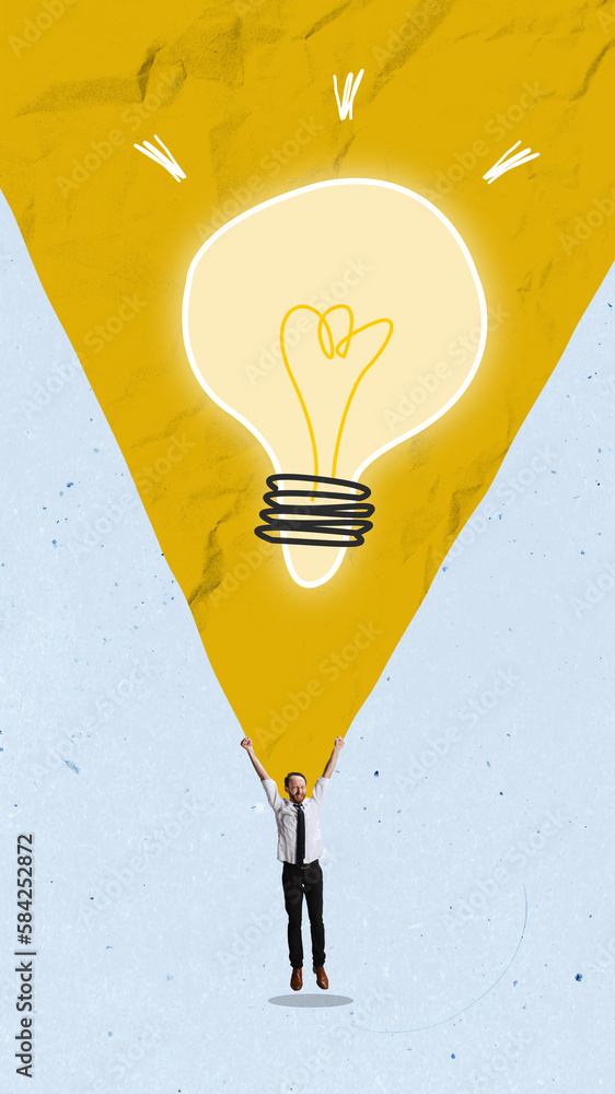 Happy man in formal wear, office worker with light bulb over head ...