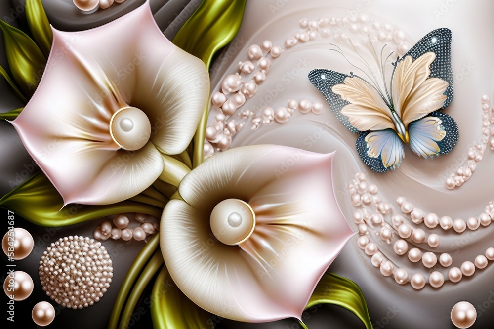 3d wallpaper beautiful flower and pearls and butterfly and pearls ...