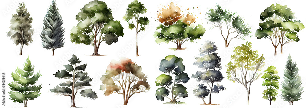Watercolor trees collection. Set of hand drawn trees. Forest tree pack ...