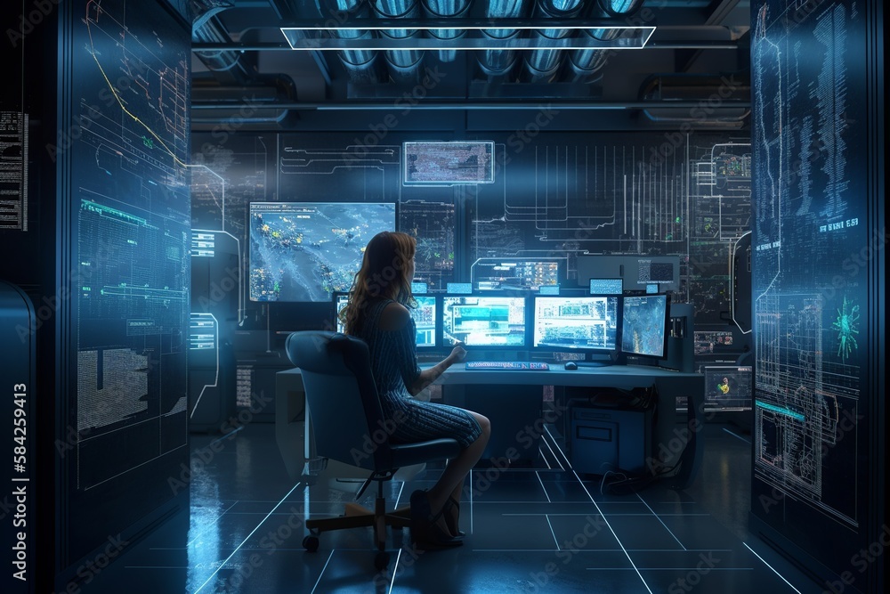 A cyber security analyst monitors a computer network from a control ...