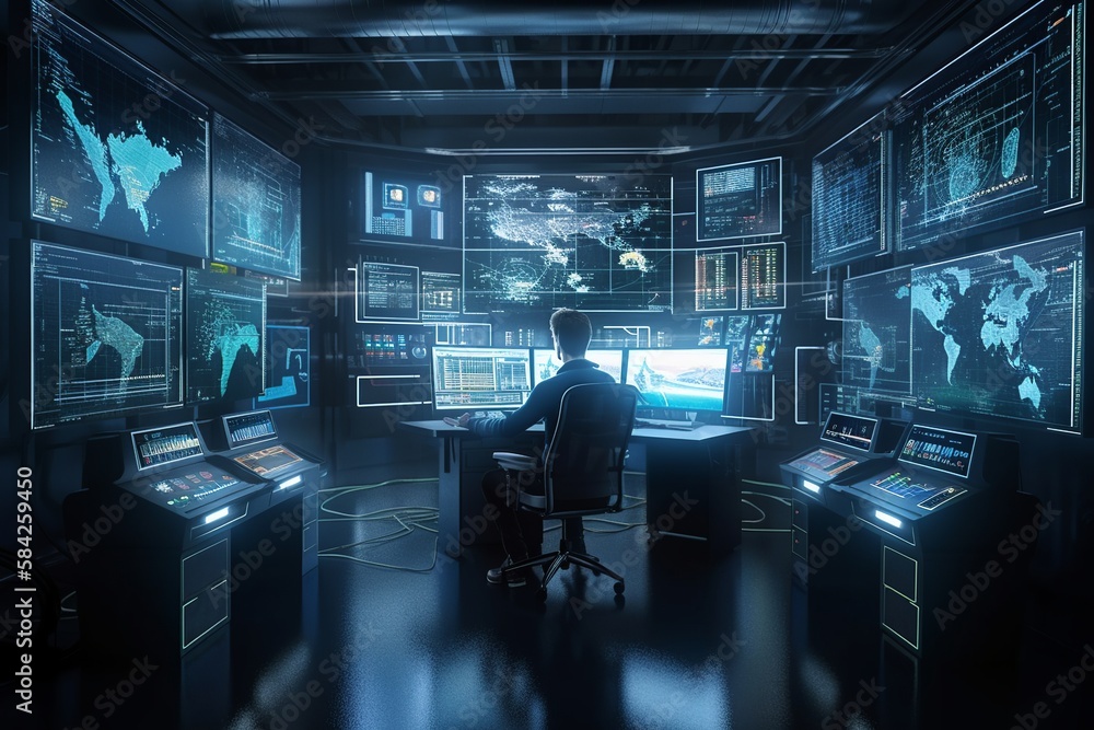 A cyber security analyst monitors a computer network from a control room with multiple screens ...
