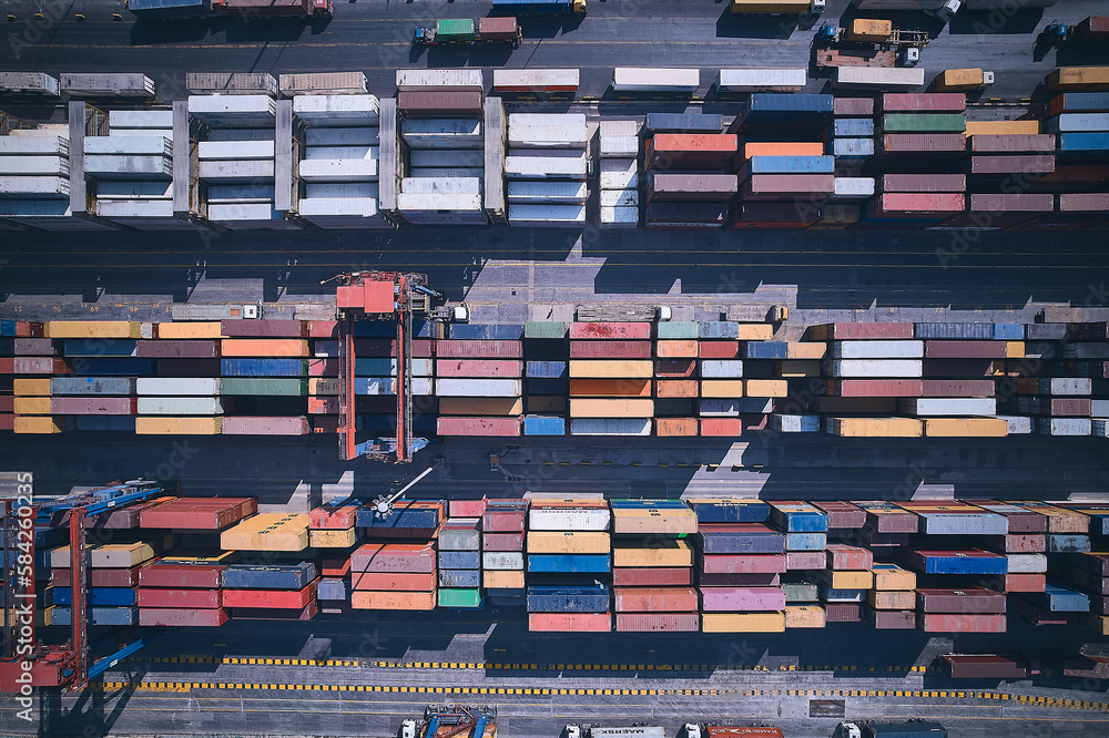 Stacked cargo containers top down aerial view. Containers at logistics ...