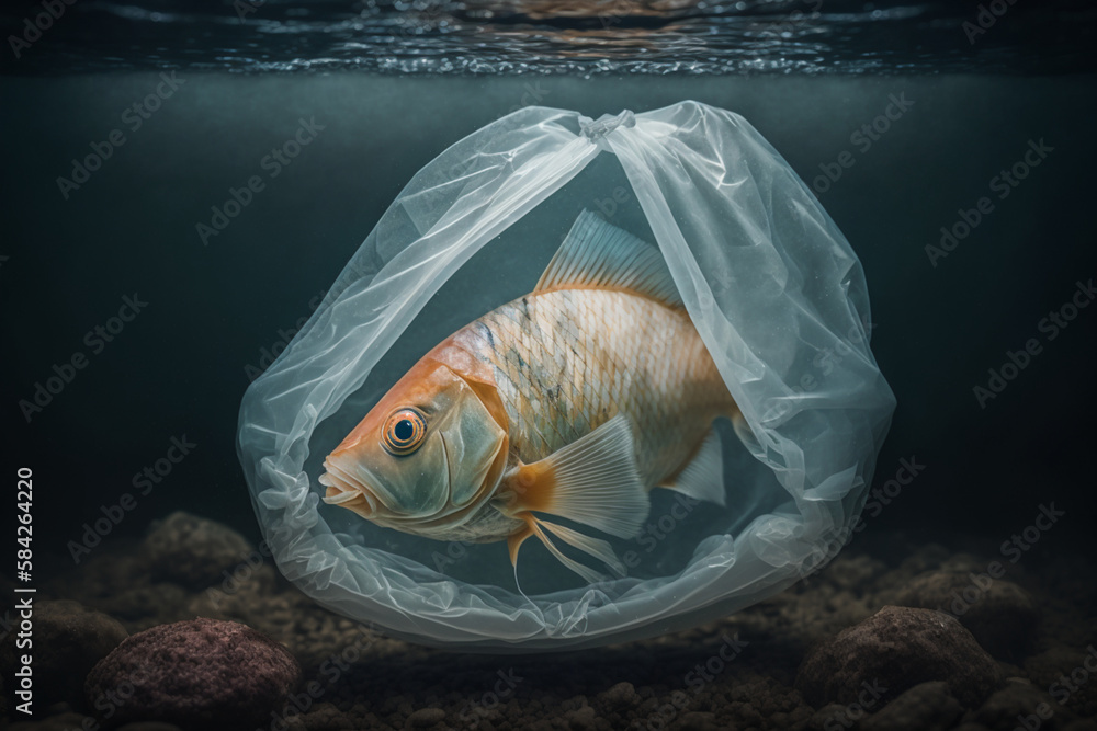 Fish in a plastic bag. Water pollution concept. ecological problems ...