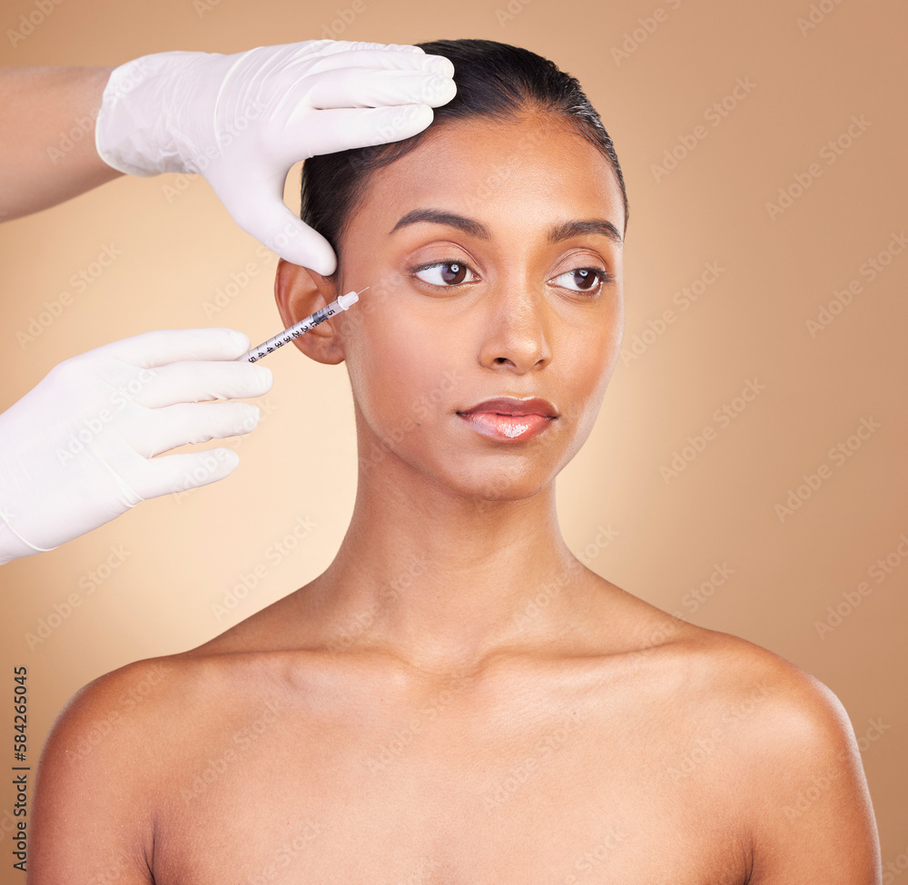 Woman, face and needle with beauty and dermatology, skincare with ...