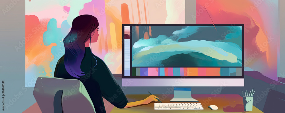 Digital artist working of computer co-creating with Generative AI ...