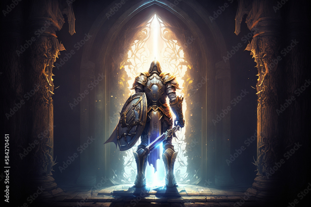 Conceptual Fantasy Art | A Noble Paladin Faces a Glowing Portal, Poised ...