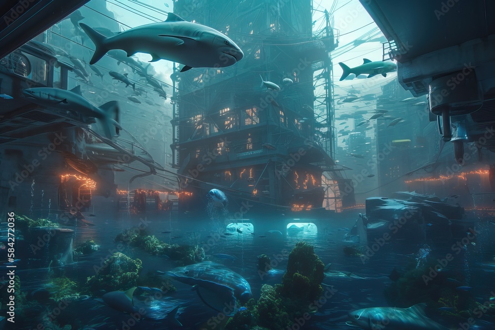 Submarine city with sharks swimming by underwater buildings, generative ...